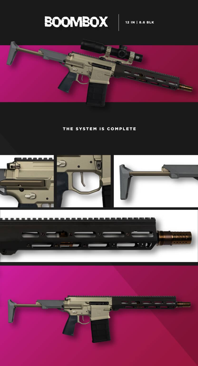 NEW! Q, Boombox, 8.6 Blackout, 12in SBR, Grey/Tan (BOOMBOX-86-12IN-SBR)